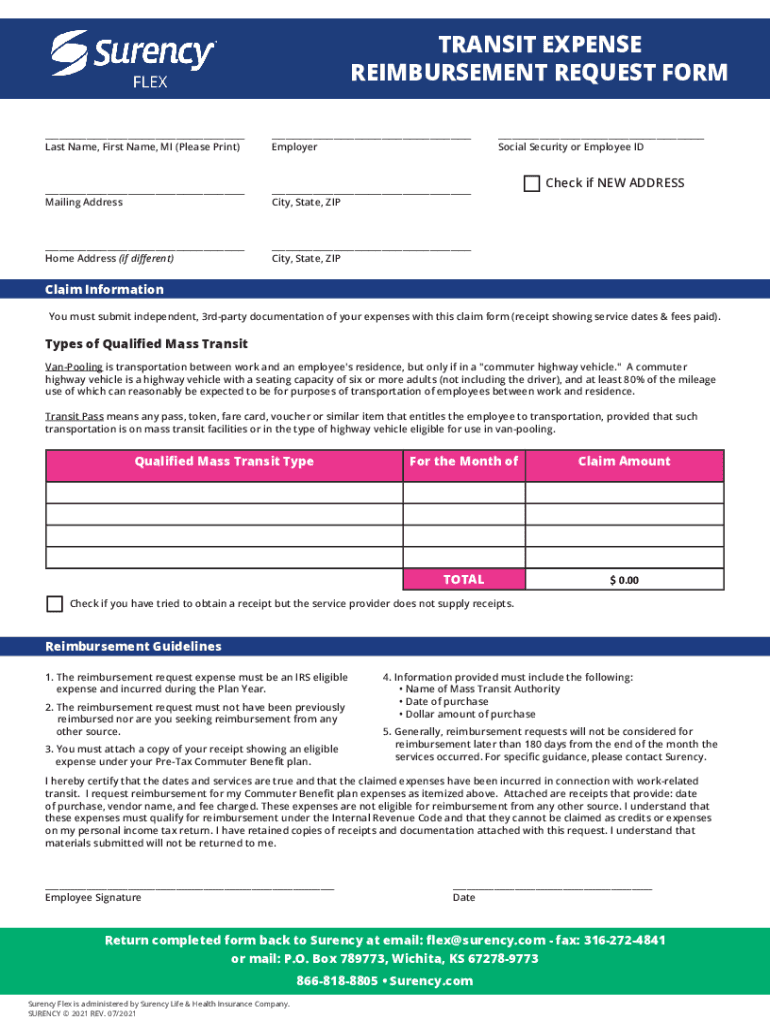 Fillable Online TRANSIT EXPENSE REIMBURSEMENT REQUEST FORM Fax Email ...