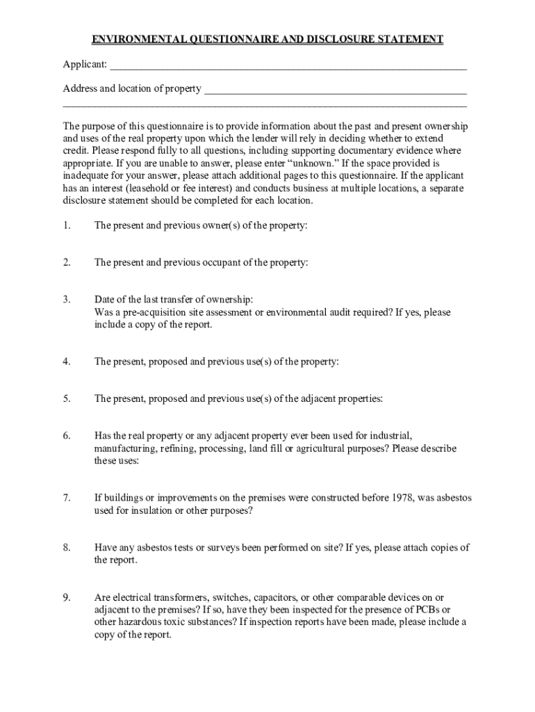 Fillable Online ENVIRONMENTAL QUESTIONNAIRE AND DISCLOSURE STATEMENT ...