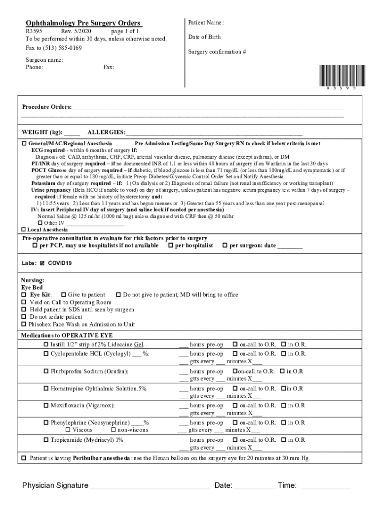 Fillable Online Ophthalmology Pre Surgery Orders - The Christ Hospital ...