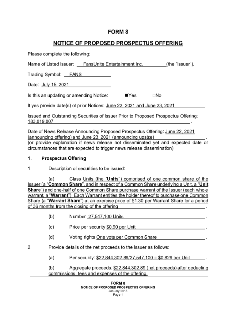 Fillable Online FansUnite - CSE Form 8 - Notice of Prospectus Offering ...