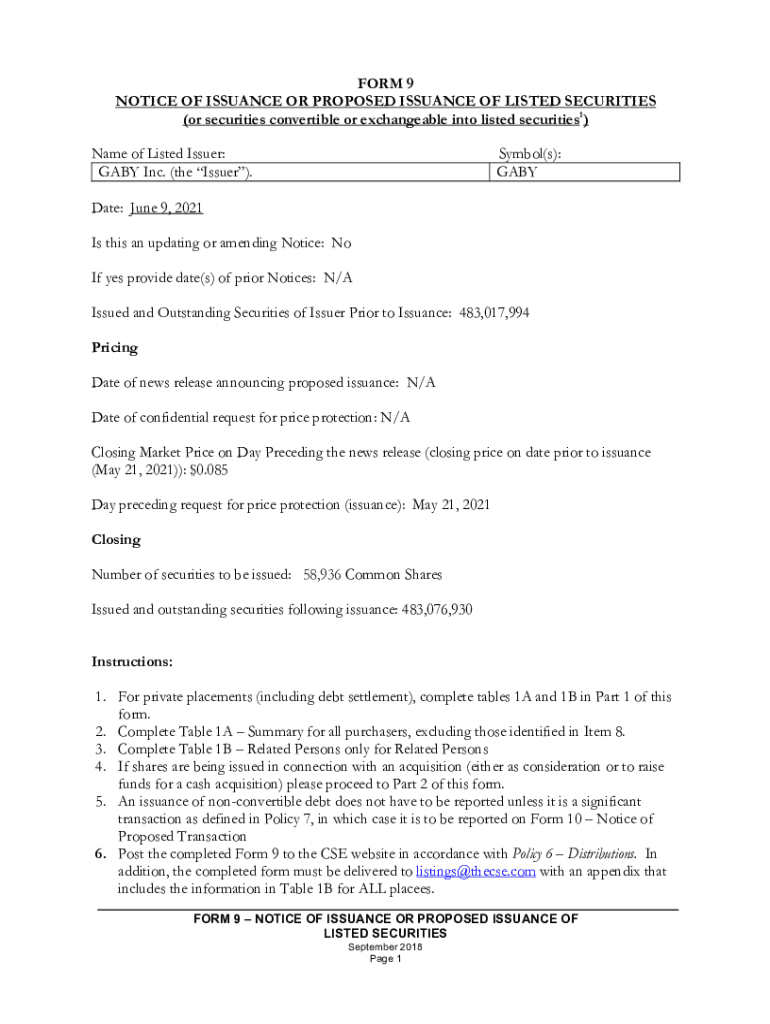 Fillable Online Form 9 - Notice of Issuance of Securities - Margot ...