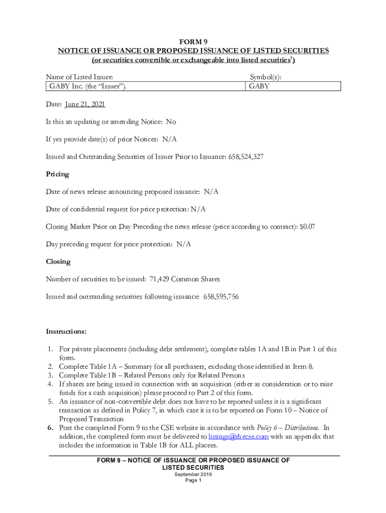 Fillable Online Form 9 - Notice of Issuance of Securities - Viente ...