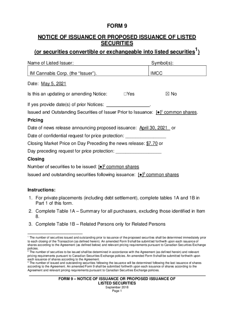 Fillable Online IMCC - CONFORMED CSE Form 9 - Notice of Issuance of ...