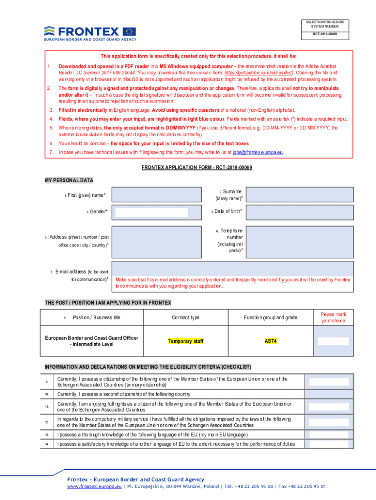 Fillable Online Application Form- European Border and Coast Guard ...