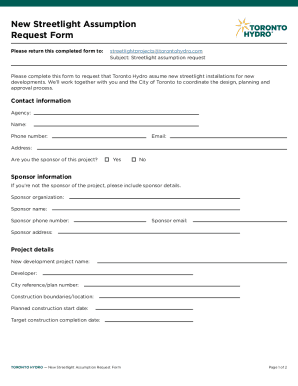 Fillable Online New streetlight assumption request form - torontohydro ...