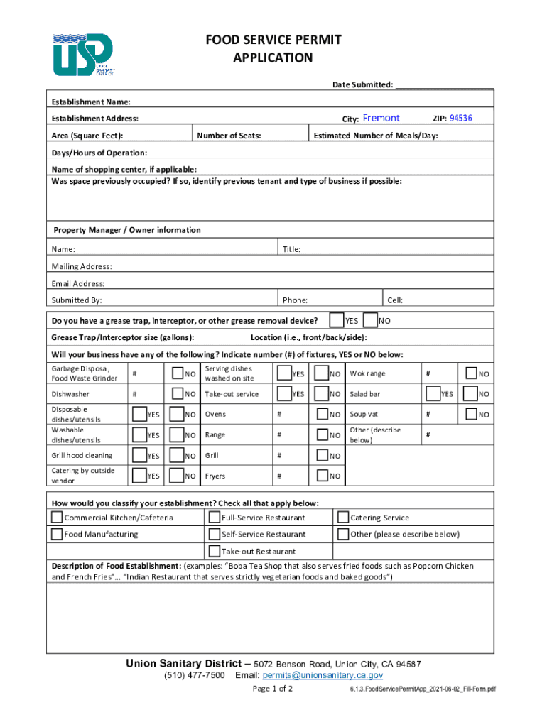 Fillable Online Food Service Permit Application. Food Service Permit ...