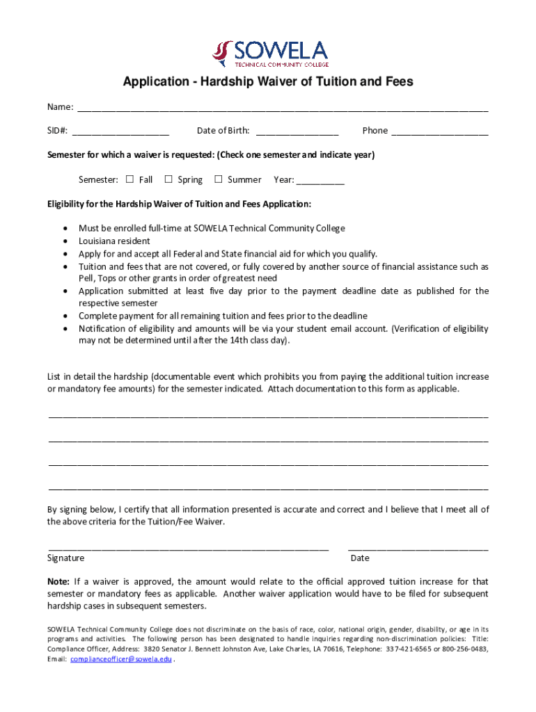 Fillable Online Hardship Waiver of Tuition and Fees Policy Application ...
