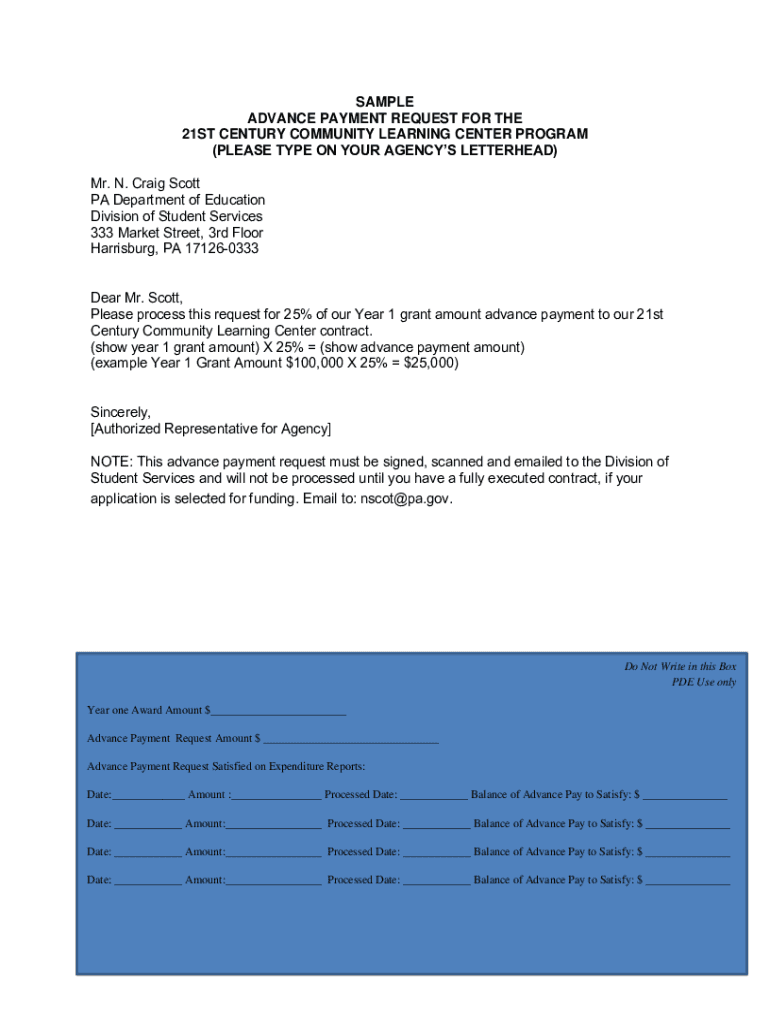 Fillable Online SAMPLE ADVANCE PAYMENT REQUEST FOR THE 21ST CENTURY ...