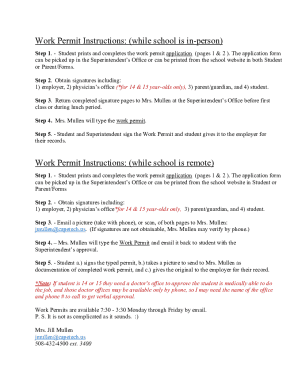 Fillable Online Work Permit Instructions: (while school is in-person ...