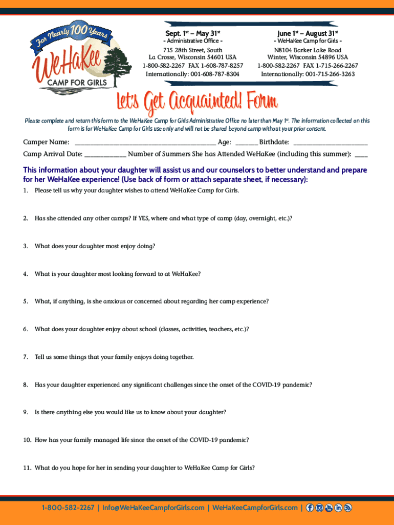 Fillable Online Lets Get Acquainted! Form - wehakeecampforgirls.com Fax ...