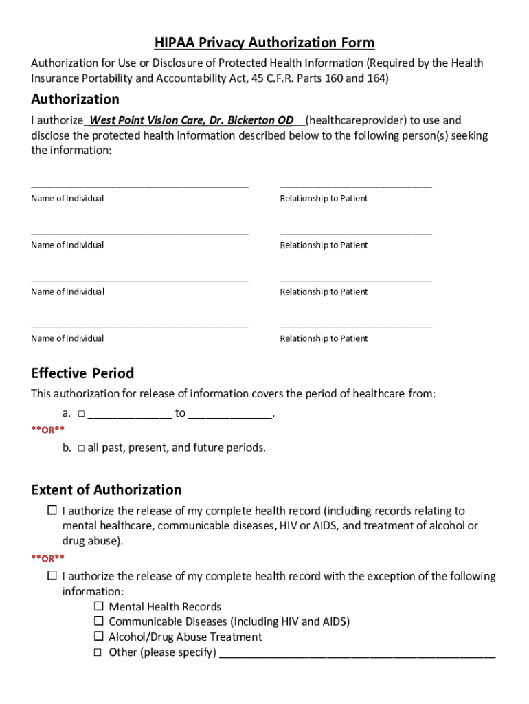 Fillable Online HIPAA Privacy Authorization Form ... - westpointvision ...
