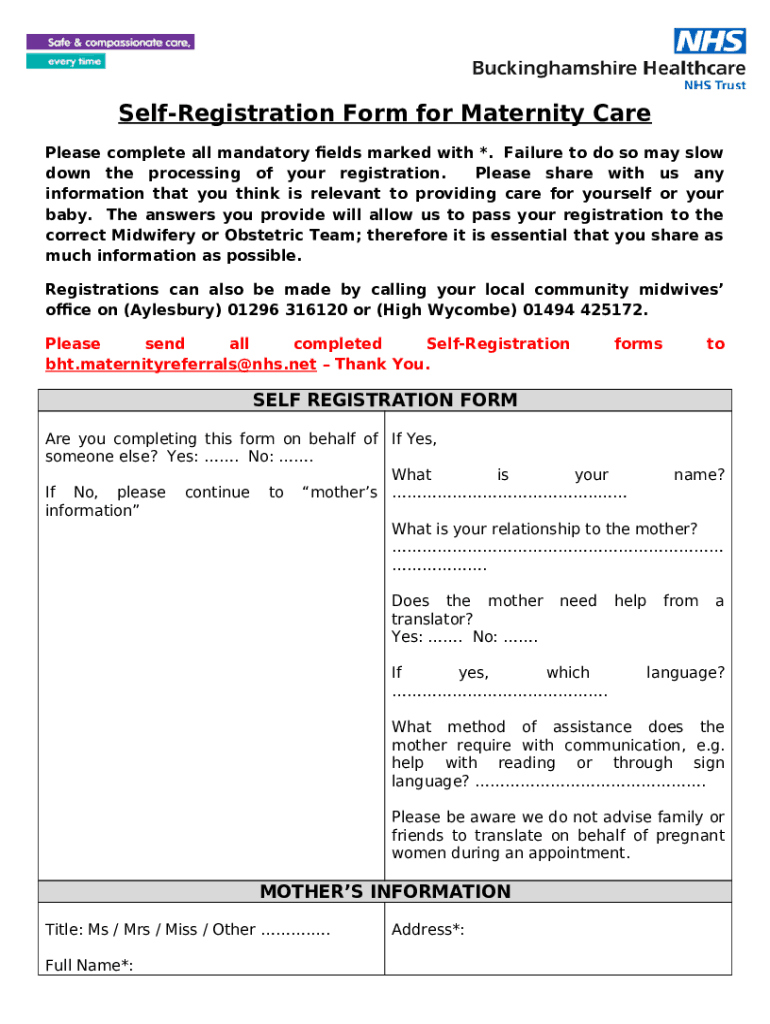 Self-Registration for Maternity Care ... Doc Template | pdfFiller