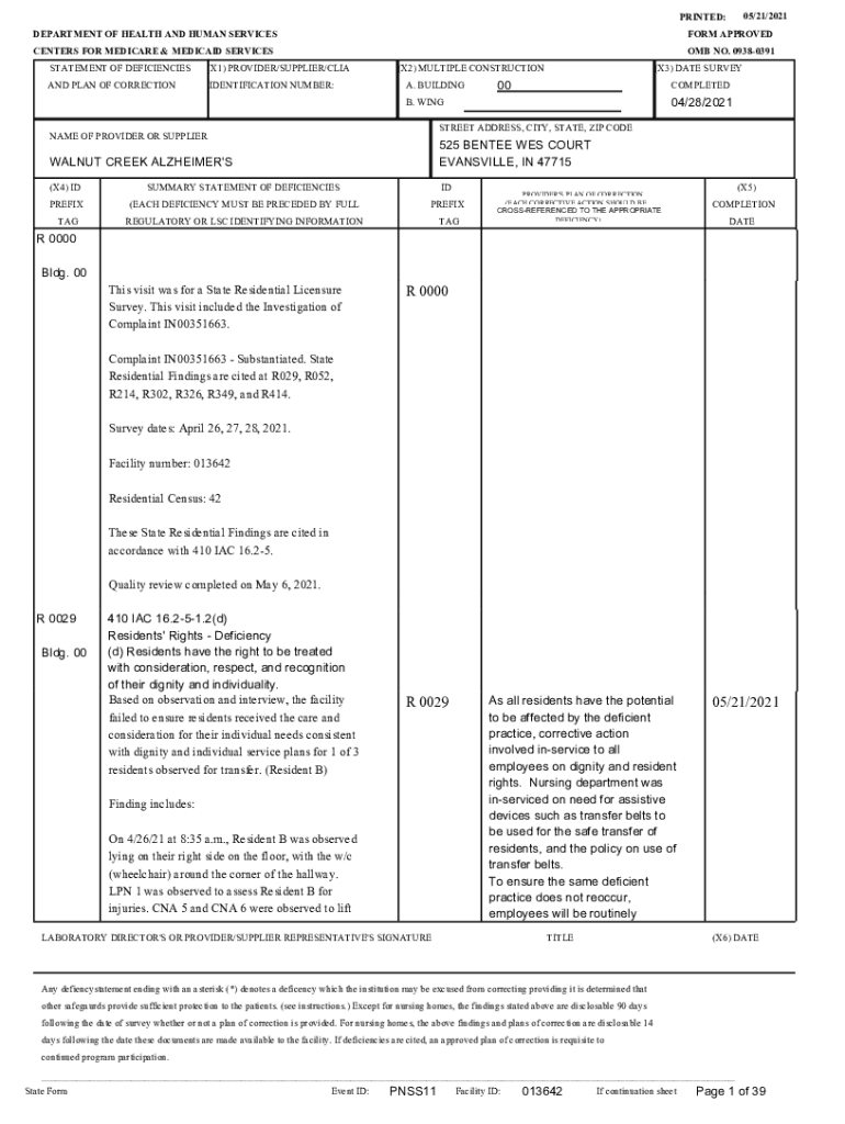 Fillable Online STATEMENT OF DEFICIENCIES AND PLAN OF CORRECTION IDENTIFICATION NUMBER: - in.gov ...