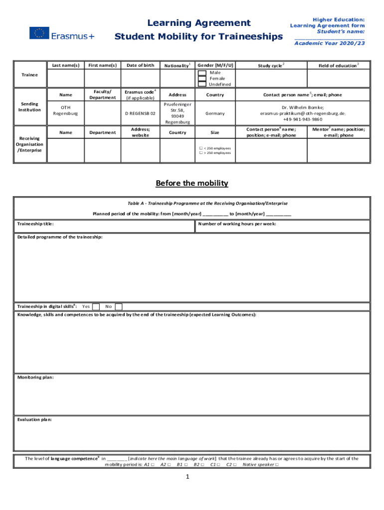 Fillable Online LEARNING AGREEMENT FOR STUDIES Erasmus+ Mobility 2020 ...
