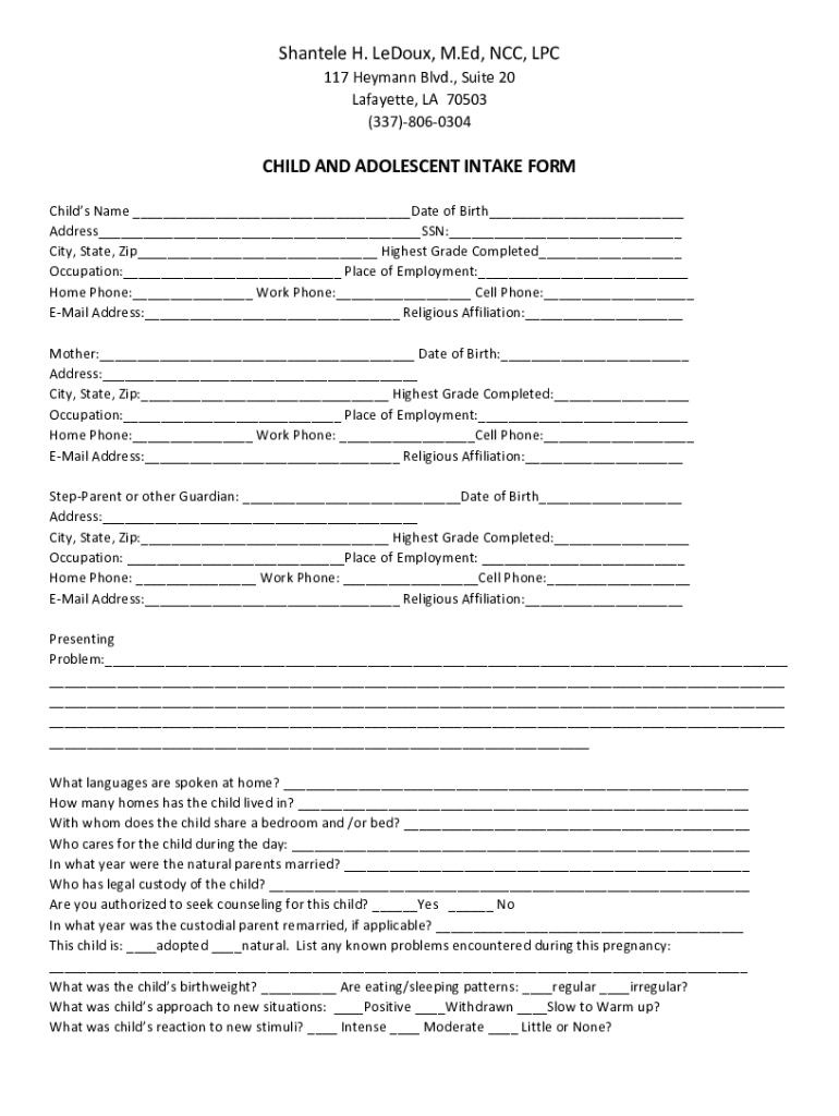 Fillable Online Child and adolescent intake form - shanteleledoux.com ...