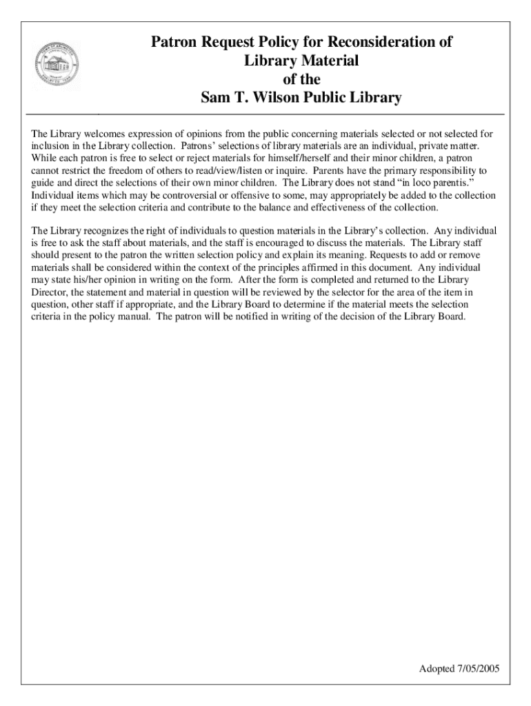 Fillable Online PDF Patron Request Policy for Reconsideration of ...