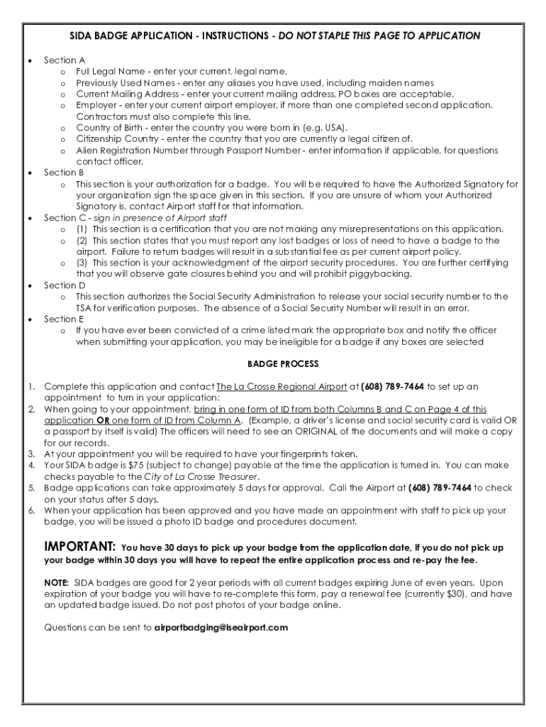 Fillable Online SIDA BADGE APPLICATION - INSTRUCTIONS - DO NOT STAPLE ...