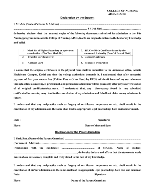 Fillable Online Declaration Form by the Student & Parent - Amrita BSc ...