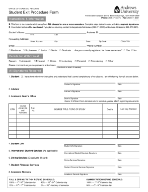 Fillable Online OFFICE OF ACADEMIC RECORDS Student Exit Procedure Form ...