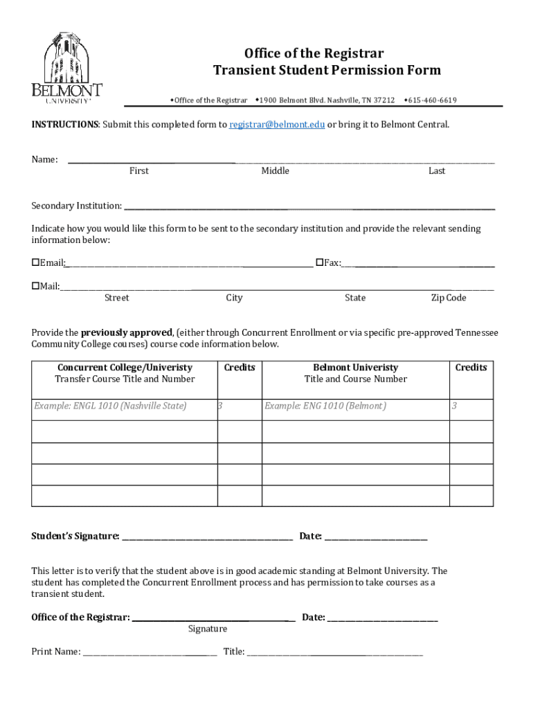 Fillable Online Office of the Registrar Transient Student Permission ...