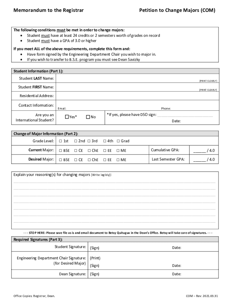 Fillable Online Memorandum to the Registrar Petition to Change ... - Cooper Fax Email Print ...