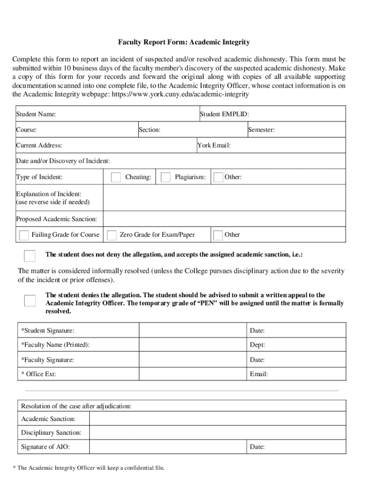 Fillable Online Faculty Report Form. Academic Affairs, Academic Integrity Officer Fax Email ...