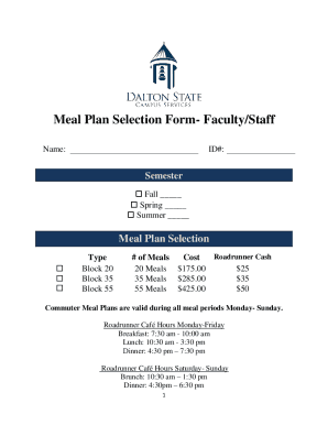 Fillable Online Meal Plan Selection Form- Faculty/Staff Fax Email Print ...