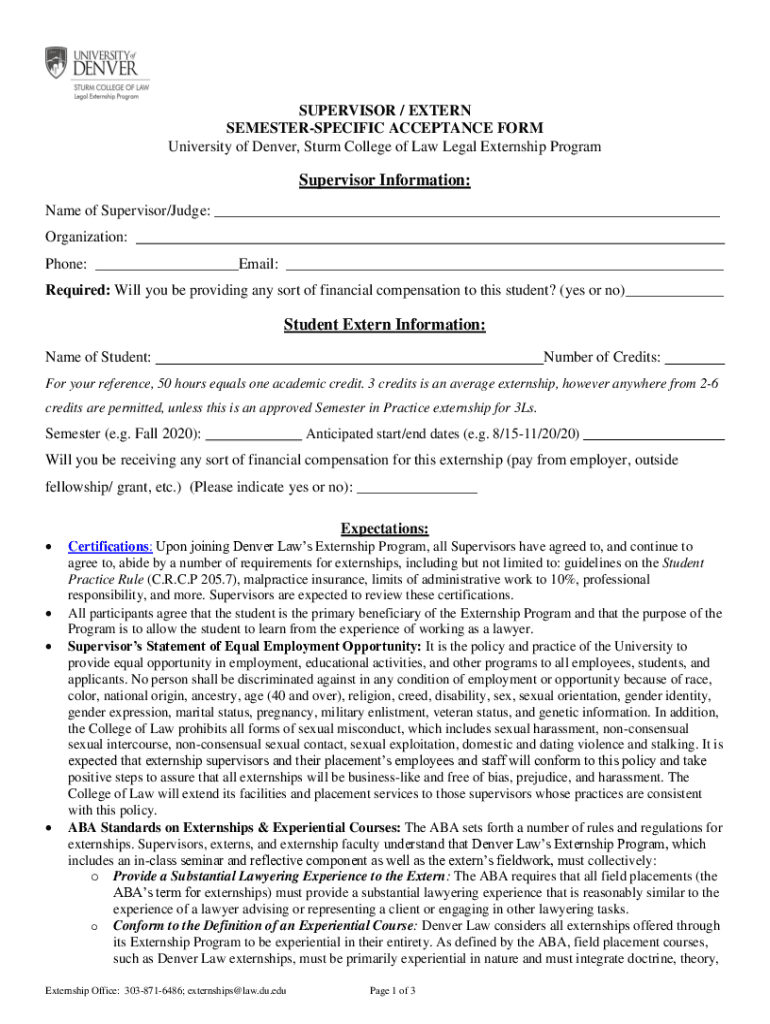 Fillable Online SUPERVISOR / EXTERN SEMESTER-SPECIFIC ACCEPTANCE FORM ...