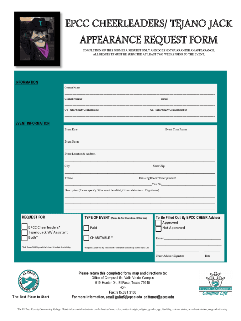 Fillable Online EPCC CHEERLEADERS/ TEJANO JACK APPEARANCE REQUEST FORM ...