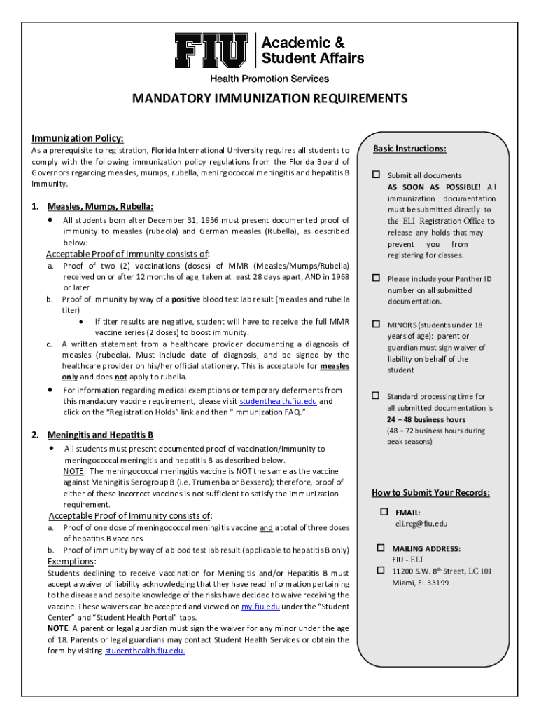 Fillable Online eli fiu ELI 1 Registration Immunization Form - Study ...