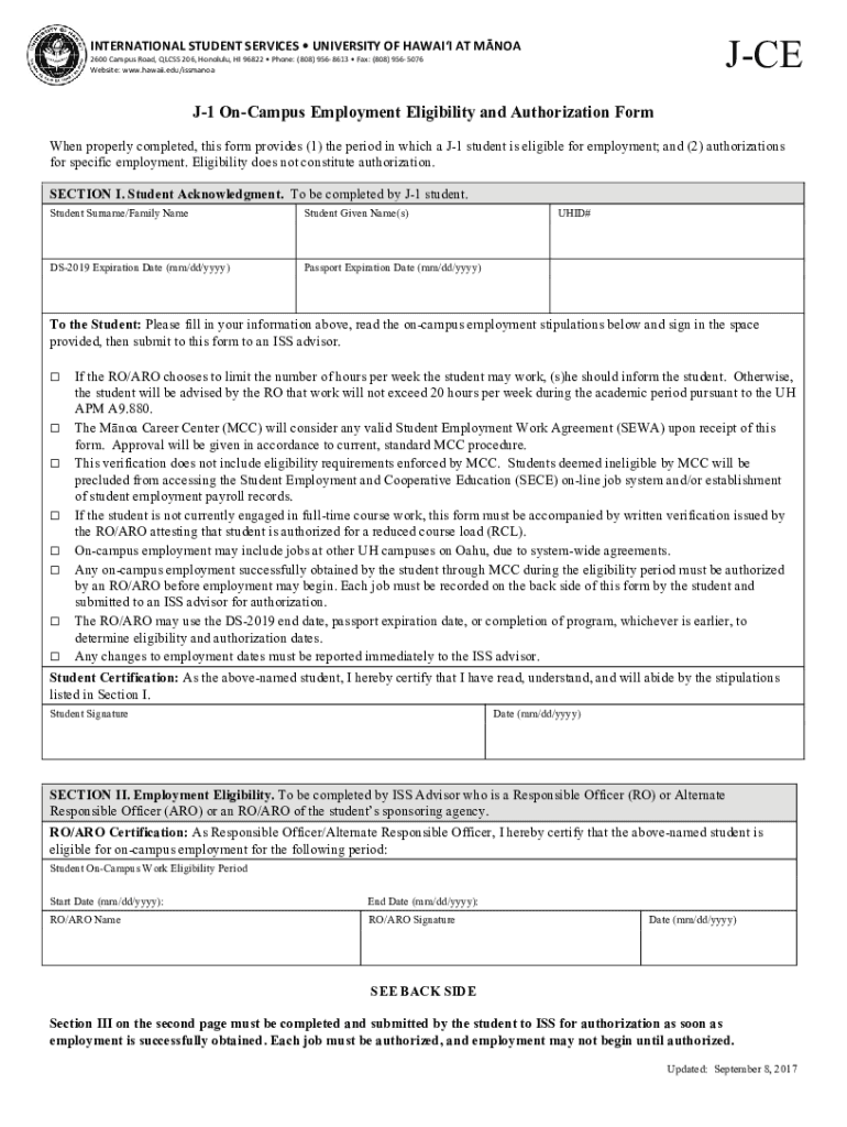 Fillable Online J-1 On-Campus Employment Eligibility and Authorization ...