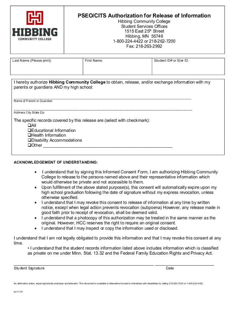 Fillable Online PSEO CITS Authorization for Release of Information.docx Fax Email Print - pdfFiller