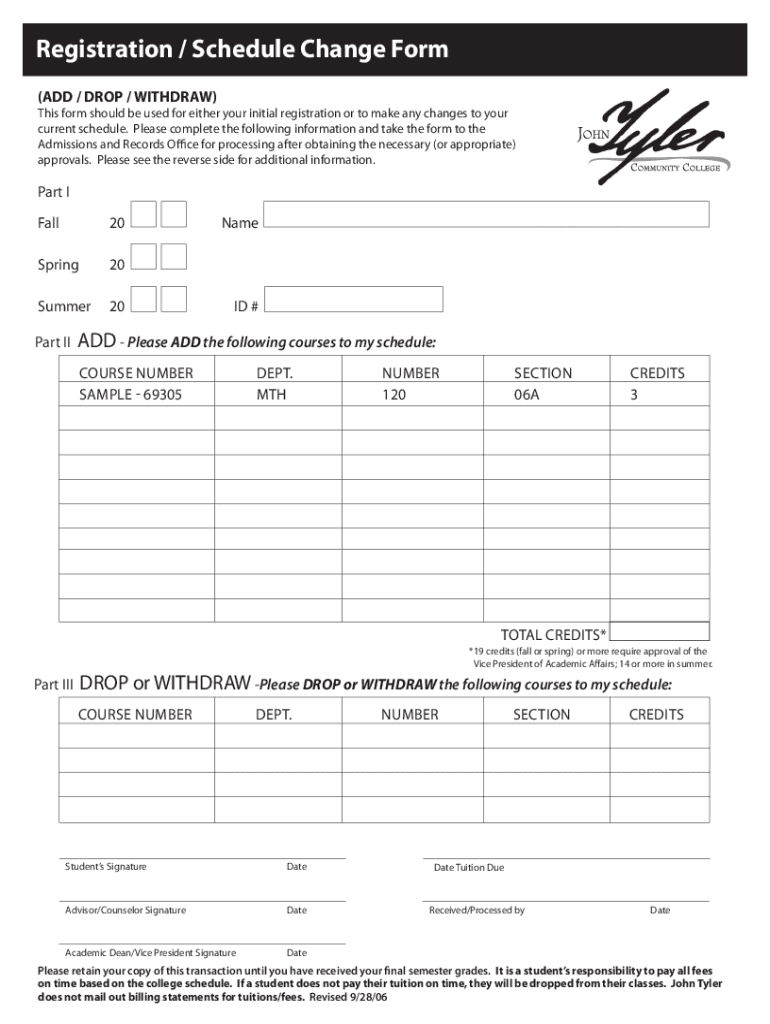 Fillable Online Registration / Schedule Change Form Fax Email Print ...