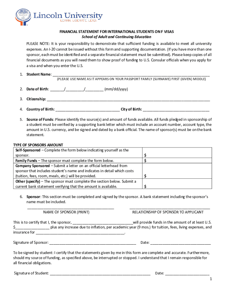 Fillable Online FINANCIAL STATEMENT FOR INTERNATIONAL STUDENTS ON F VISAS ... Fax Email Print ...