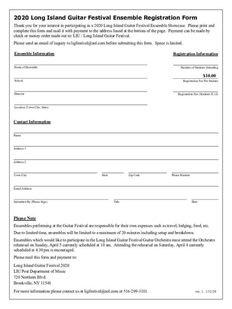 Fillable Online postmusic liu 2020 Long Island Guitar Festival Ensemble ...
