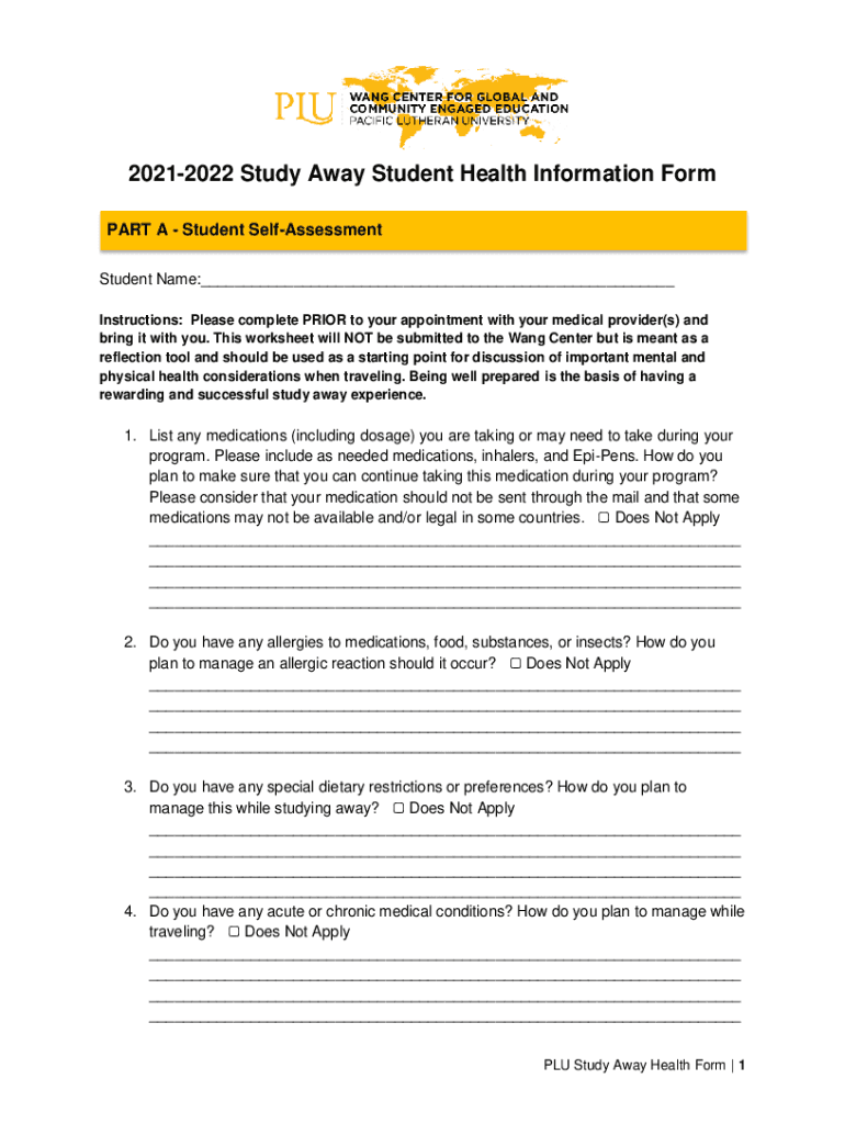 Fillable Online 2021-2022 Study Away Student Health Information Form ...