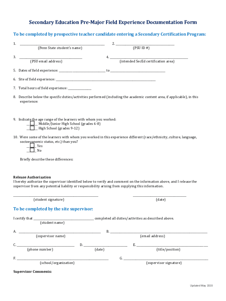 Fillable Online harrisburg psu Secondary Education Pre-Major Field Experience Documentation Form ...