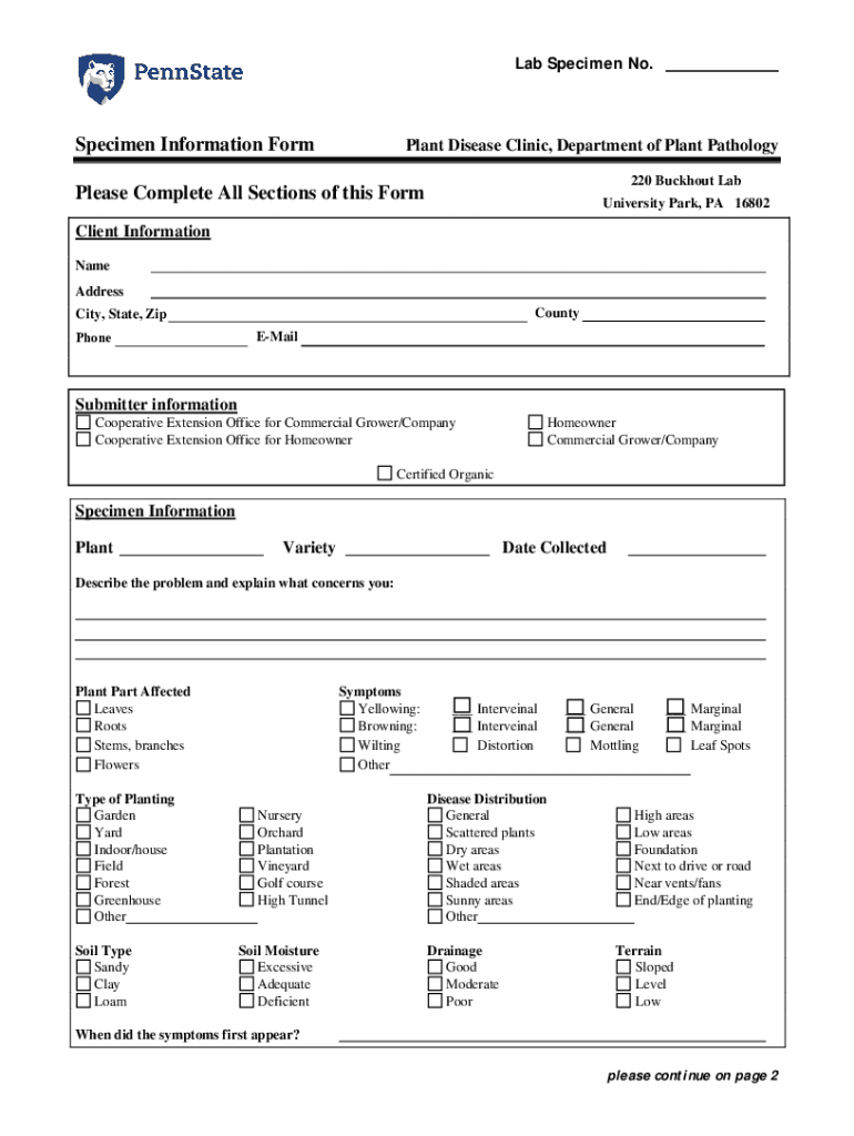 Fillable Online plantpath psu Specimen Submission Forms Department of Plant Pathology ... Fax ...