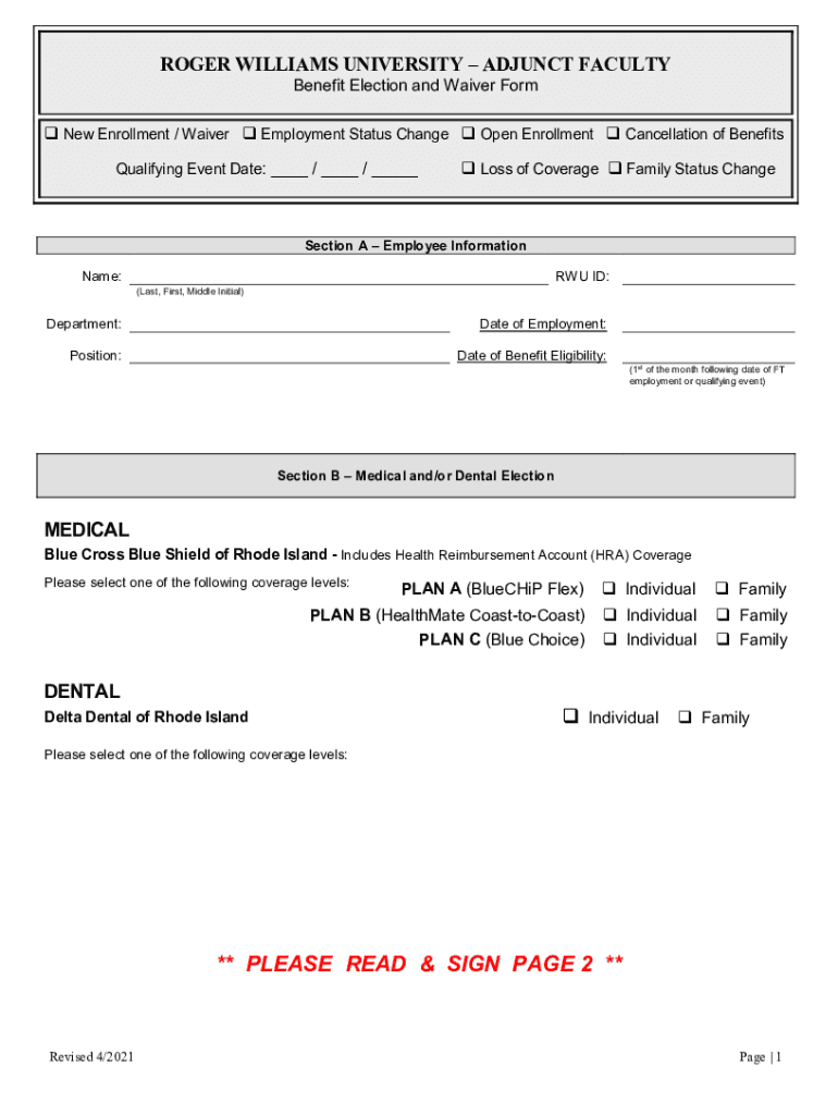 Fillable Online Benefit Election & Waiver Form - Roger Williams ...