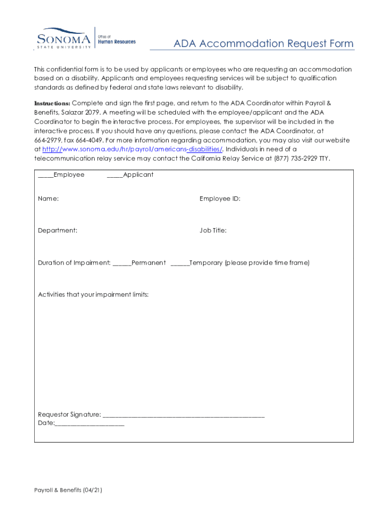 Fillable Online REASONABLE ACCOMMODATION REQUEST FORM FOR EMPLOYEES AND ...