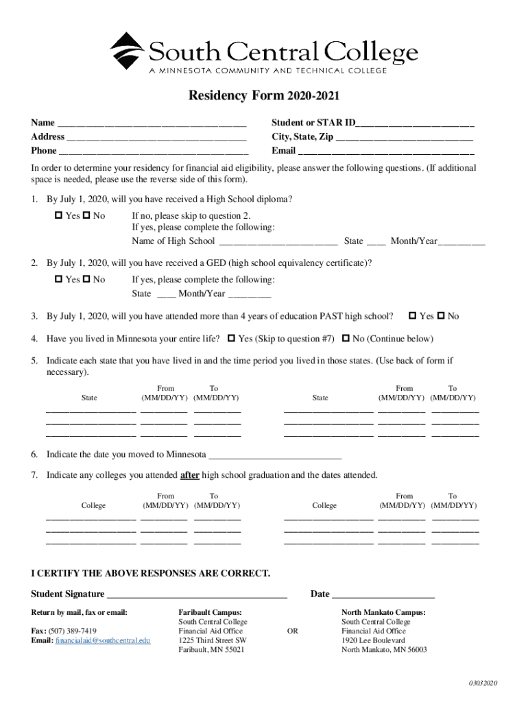 Fillable Online Residency Form 2020-2021 Fax Email Print - pdfFiller