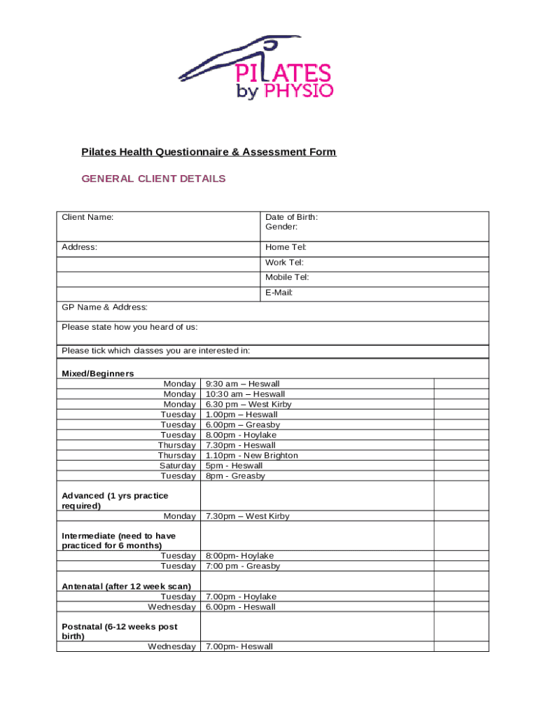Pilates Health Questionnaire & Assessment Doc Template | pdfFiller