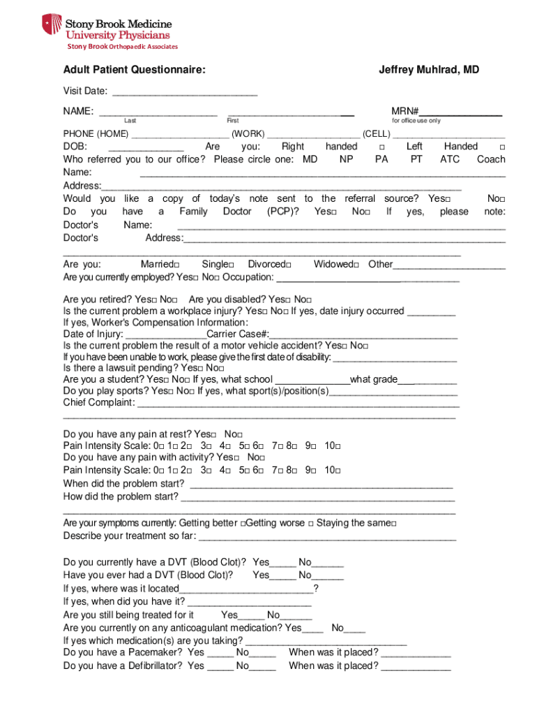 Fillable Online Adult Patient Questionnaire: Jeffrey Muhlrad, MD Fax ...