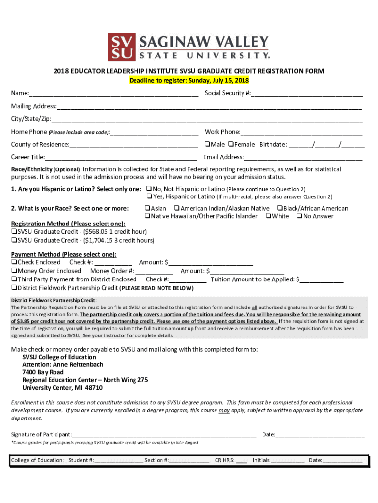 Fillable Online 2018 EDUCATOR LEADERSHIP INSTITUTE SVSU GRADUATE CREDIT ...