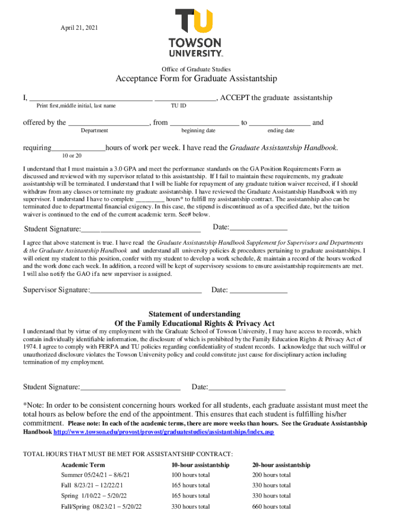 Fillable Online Acceptance Form for Graduate Assistantship Fax Email Print - pdfFiller