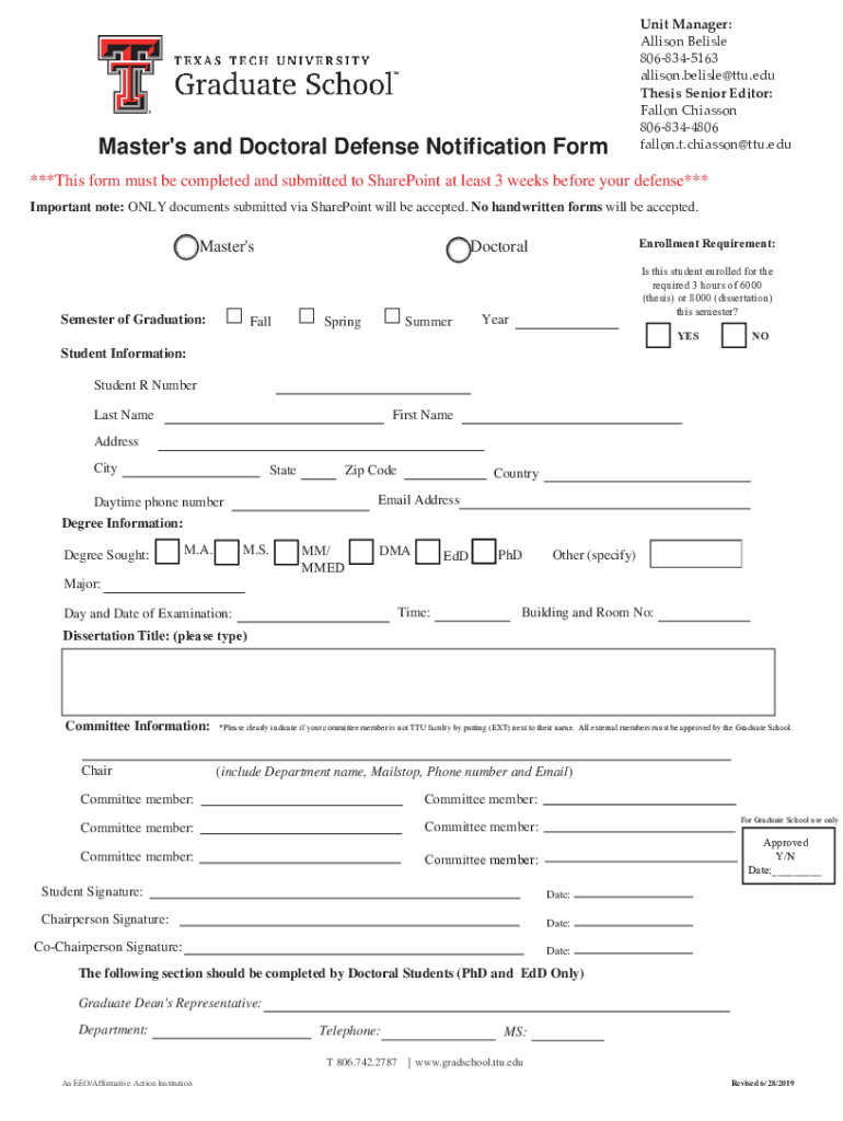 Fillable Online Master's and Doctoral Defense Notification Form Fax ...