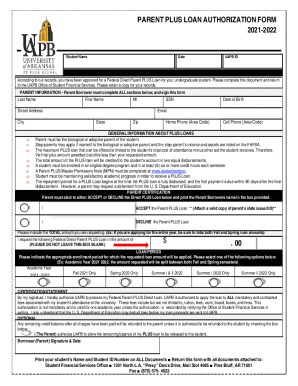 Fillable Online PARENT PLUS LOAN AUTHORIZATION FORM 2021-2022 Fax Email ...