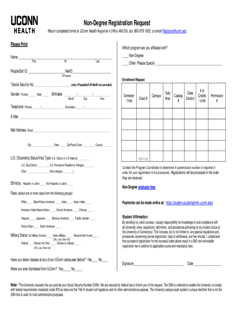 Fillable Online Non-Degree Registration Request - Home UConn Health Fax ...