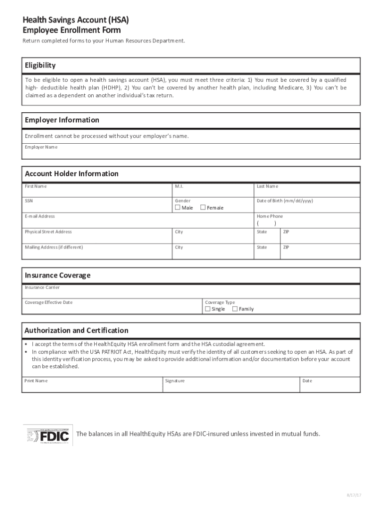 Fillable Online Health Savings Account (HSA) Employee Enrollment Form ...