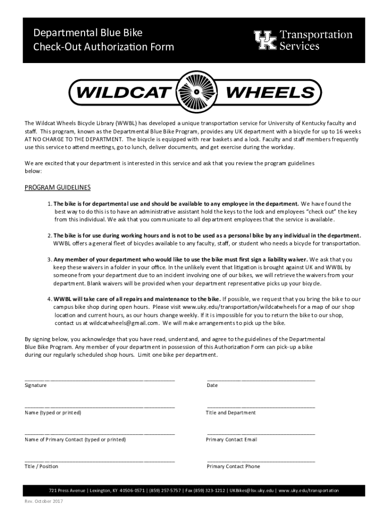 Fillable Online DEPARTMENTAL BLUE BIKE Check-Out Authorization Form Fax ...